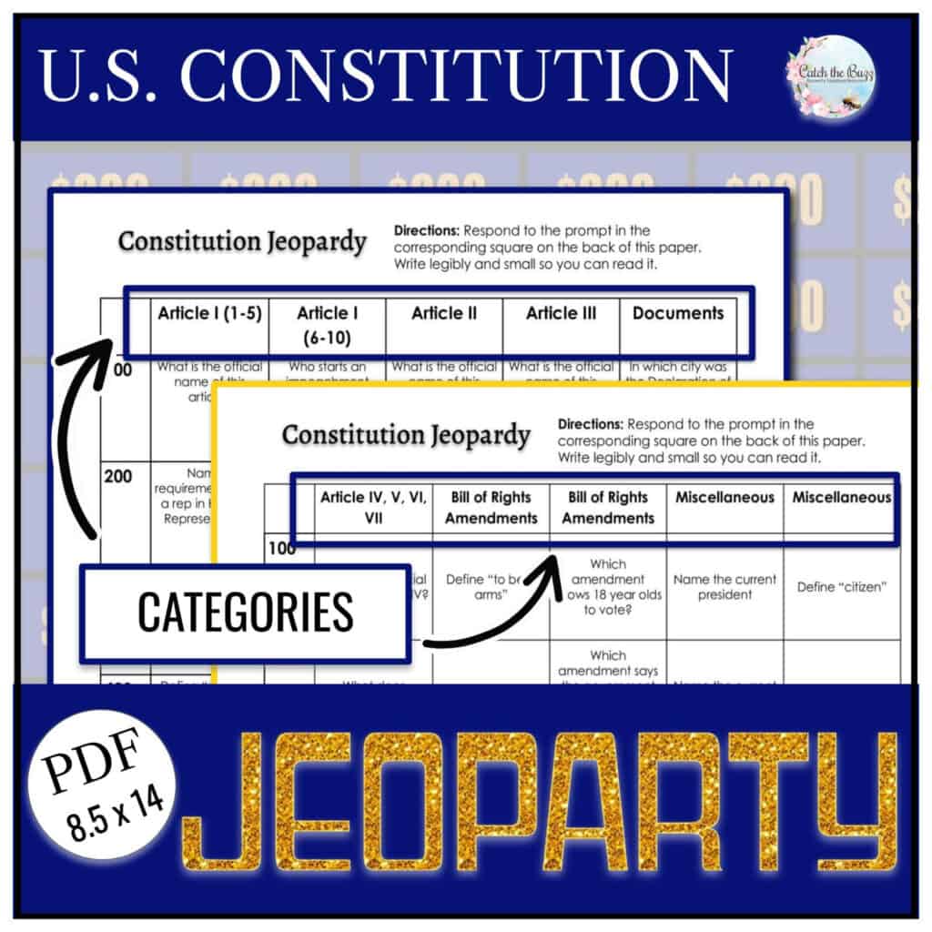 Constitution Jeoparty Review Notes Test Prep - Catch the Buzz Teaching